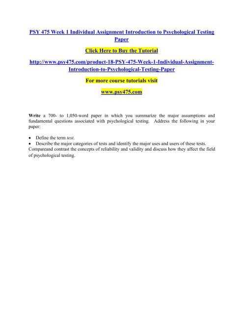 PSY 475 Week 1 Individual Assignment Introduction to Psychological ...