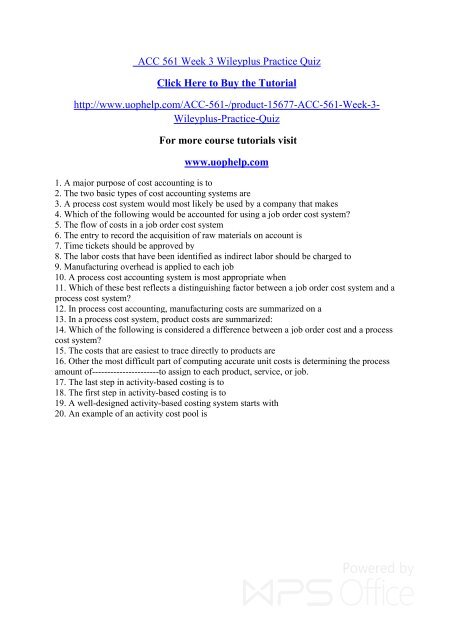 ACC 561 Week 3 Wileyplus Practice Quiz/Uophelp