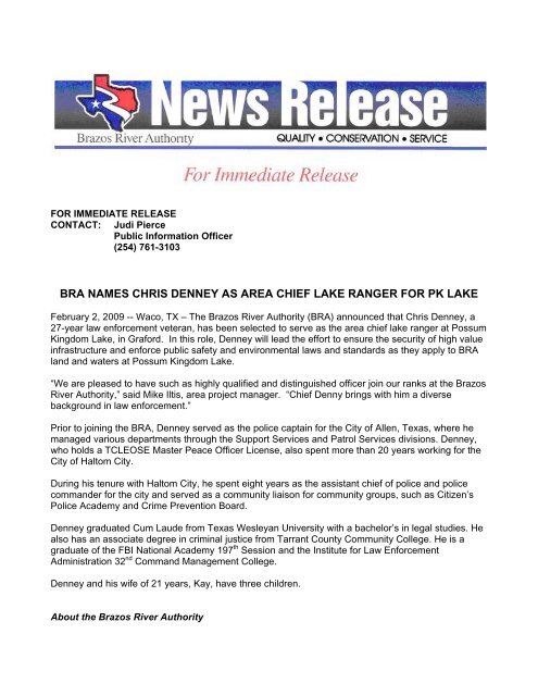 BRA NAMES CHRIS DENNEY AS AREA CHIEF LAKE RANGER FOR PK LAKE