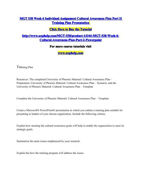 MGT 538 Week 6 Individual Assignment Cultural Awareness Plan Part II ... MGT 538 Week 6 Individual Assignment Cultural Awareness Plan Part II ...