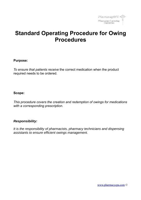 Standard Operating Procedure for Owing Procedures - Pharmacy SOP