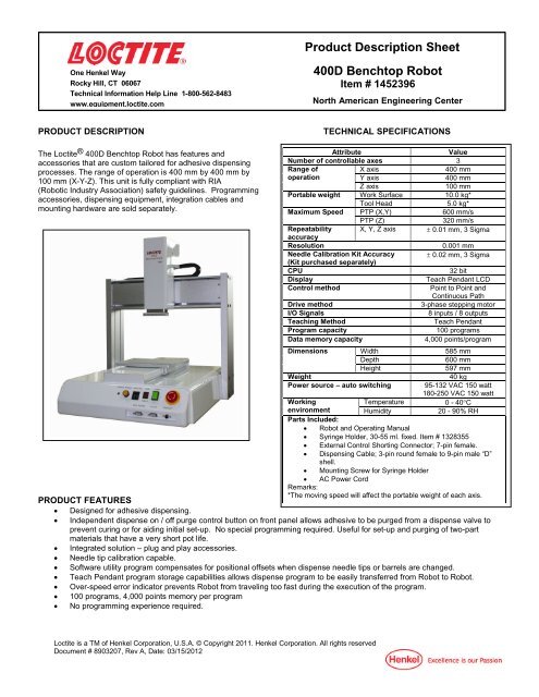 Product Description Sheet 400D Benchtop Robot