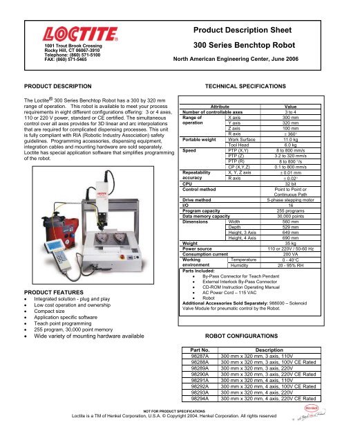 Product Description Sheet 300 Series Benchtop Robot