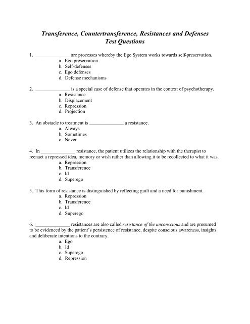 Transference Countertransference Resistances and Defenses Test Questions
