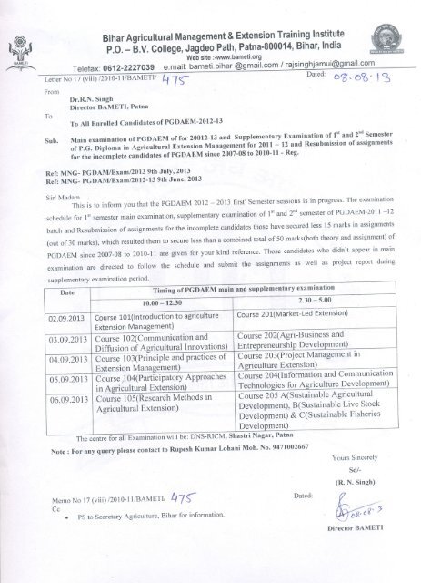 Letter for examination and list of regular candidates - BAMETI