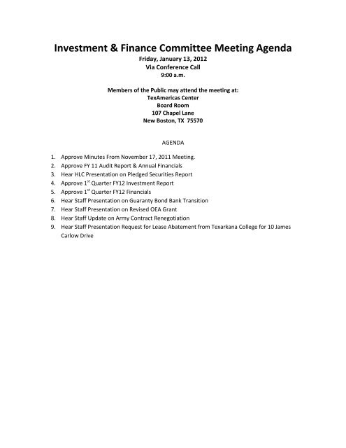 Investment & Finance Committee Meeting Agenda Investment & Finance Committee Meeting Agenda