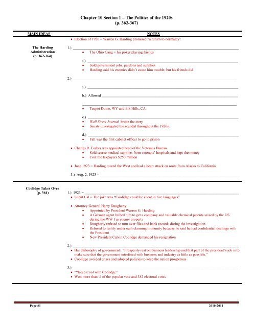 Chapter 10 Section 1 – The Politics of the 1920s (p 362-367)