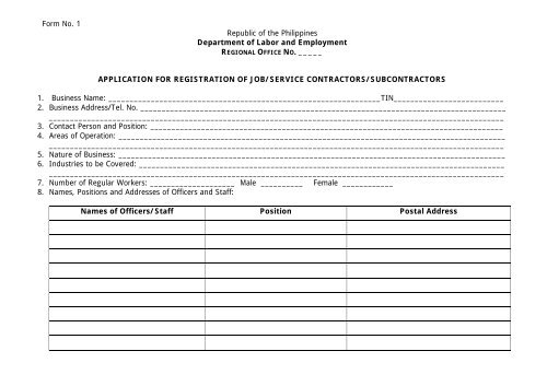 Application for Registration of Job/Service/Contractors/Subcontractors