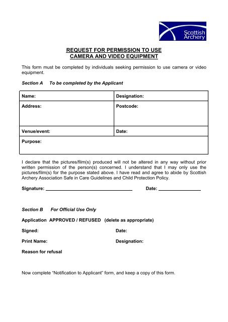 REQUEST FOR PERMISSION TO USE CAMERA AND VIDEO EQUIPMENT