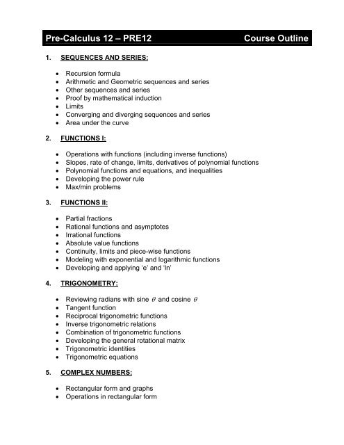 Pre-Calculus 12 – PRE12 Course Outline