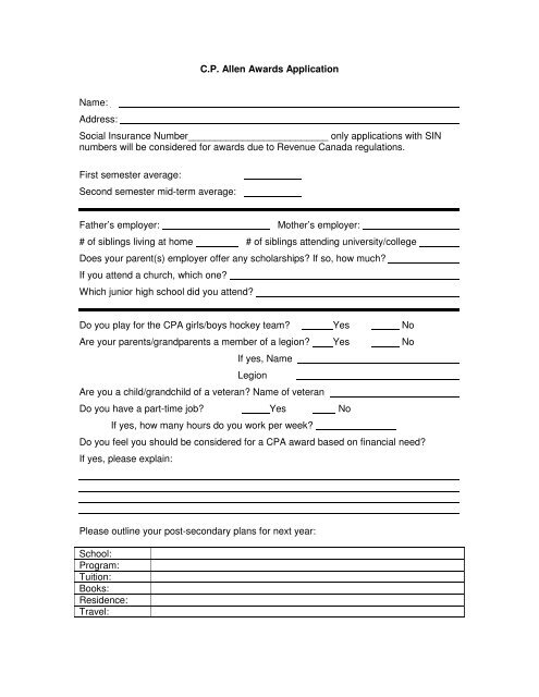 CPA Awards Application Form - Charles P. Allen High School