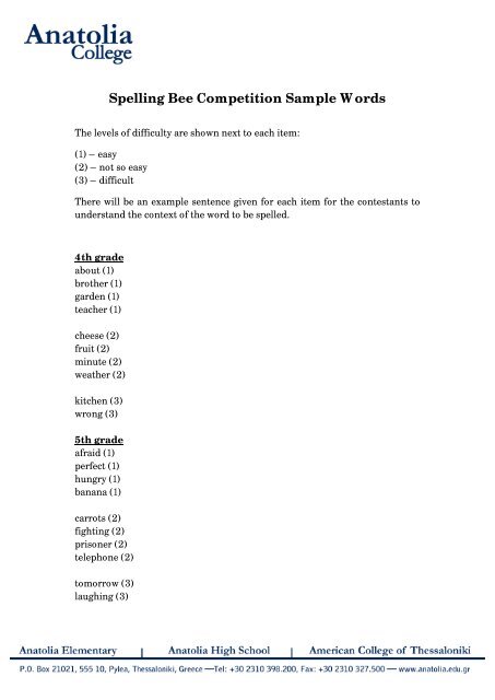 Spelling Bee Competition Sample Words