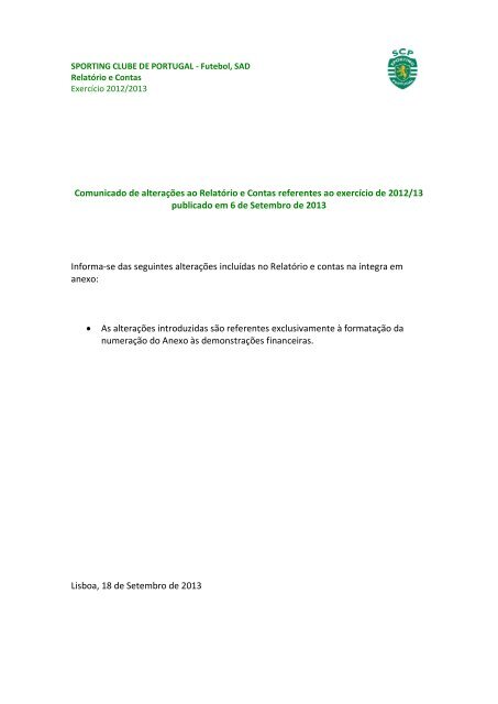A Sporting Clube de Portugal - Futebol, SAD informa sobre ... - CMVM