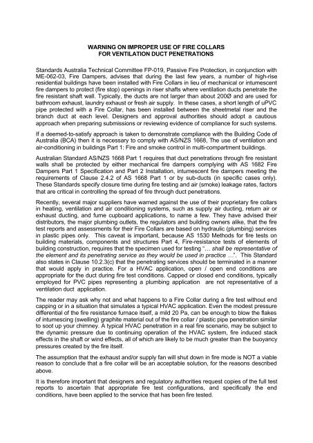 WARNING ON IMPROPER USE OF FIRE COLLARS FOR ... - PFPA