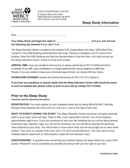 Sleep Study Information - Saint Joseph Mercy Health System