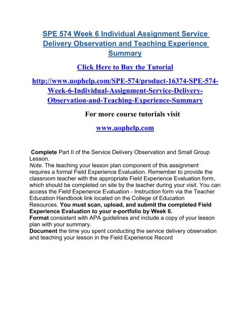SPE 574 Week 6 Individual Assignment Service Delivery Observation and ...
