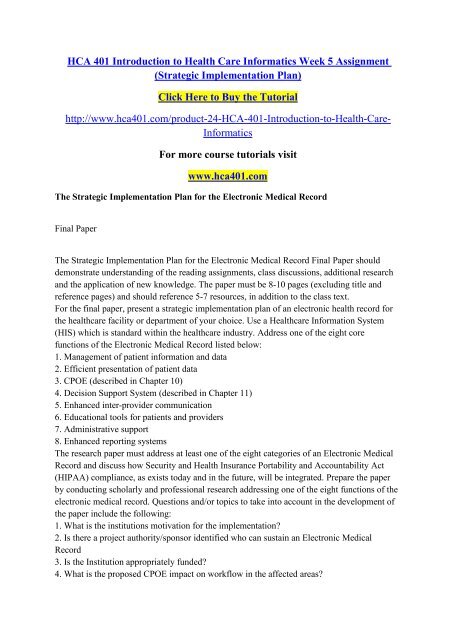 HCA 401 Introduction to Health Care Informatics Week 5 Assignment ...