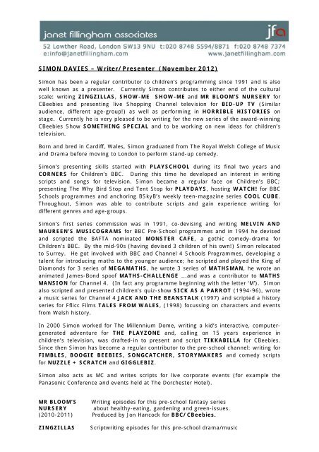 View Simon's full cv - Janet Fillingham Associates