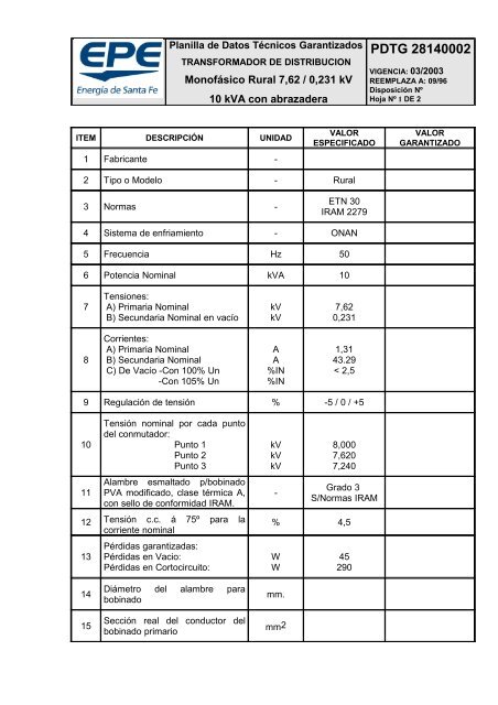 planilla de datos tÃ©cnicos garantizados para transformadores ... - Epe