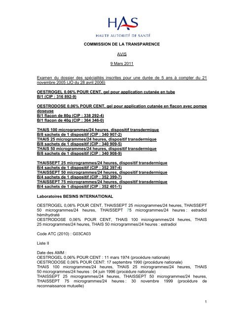 Avis de Transparence Oestrodose, Oestrogel, Thais et Thais Sept ...