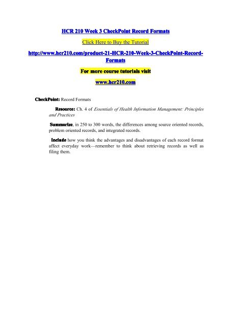 HCR 210 Week 3 CheckPoint Record Formats