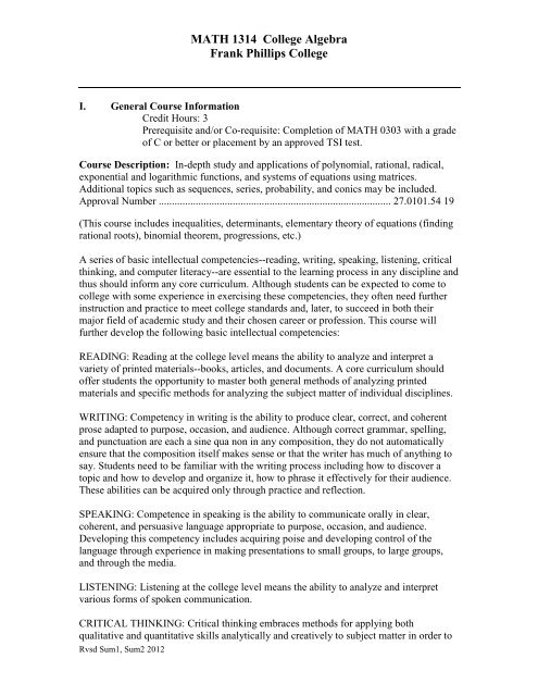 MATH 1314 College Algebra Frank Phillips College