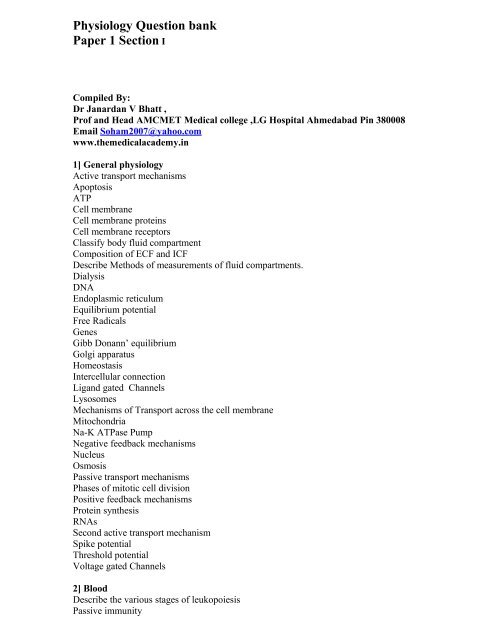 Physiology Question bank Paper 1 Section