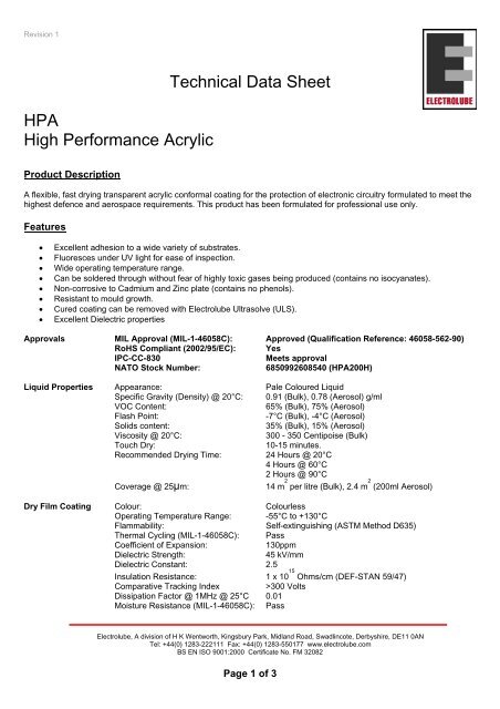 Technical Data Sheet HPA High Performance Acrylic - Electrolube