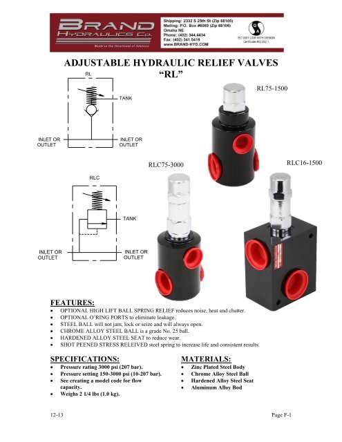 ADJUSTABLE HYDRAULIC RELIEF VALVES “RL”