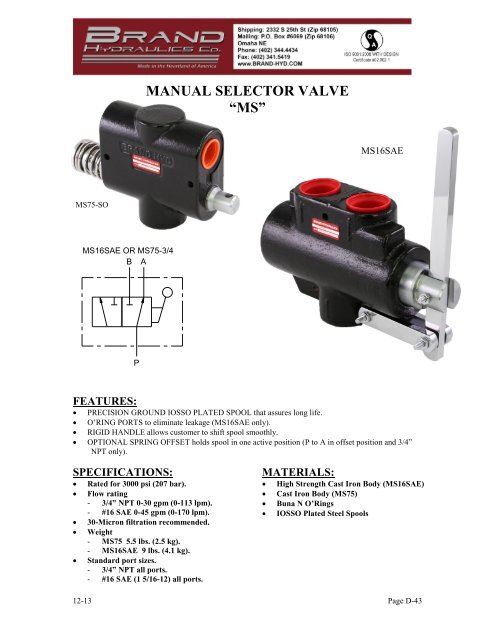MANUAL SELECTOR VALVE “MS”