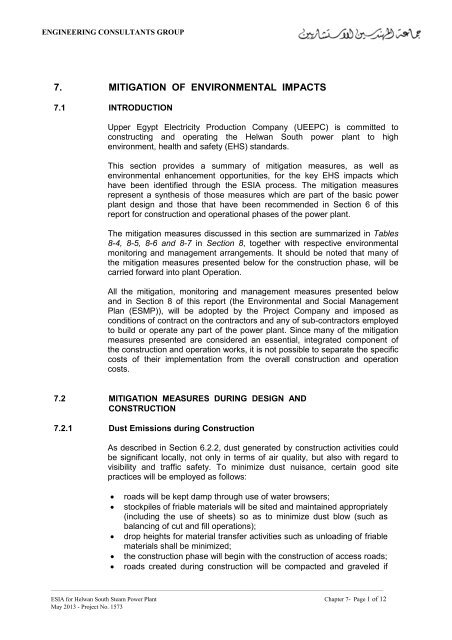 7 MITIGATION OF ENVIRONMENTAL IMPACTS