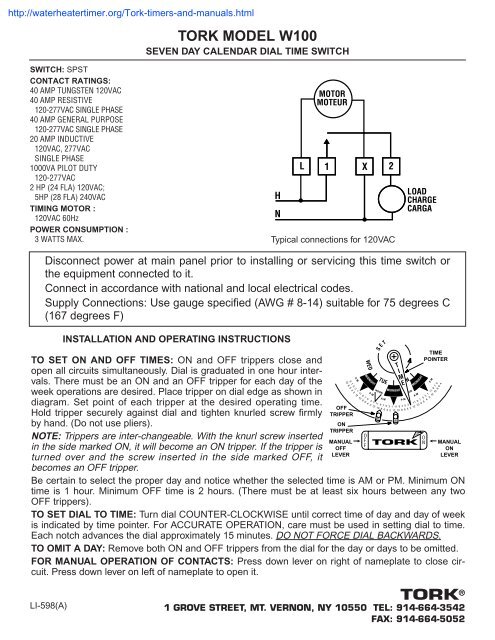 TORK MODEL W100 TORK® - Water Heater Timers Save Money