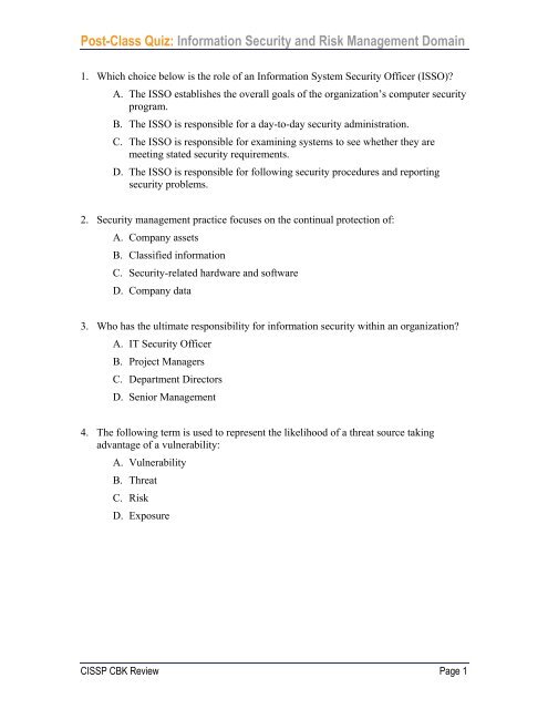 Post-Class Quiz Information Security and Risk Management Domain