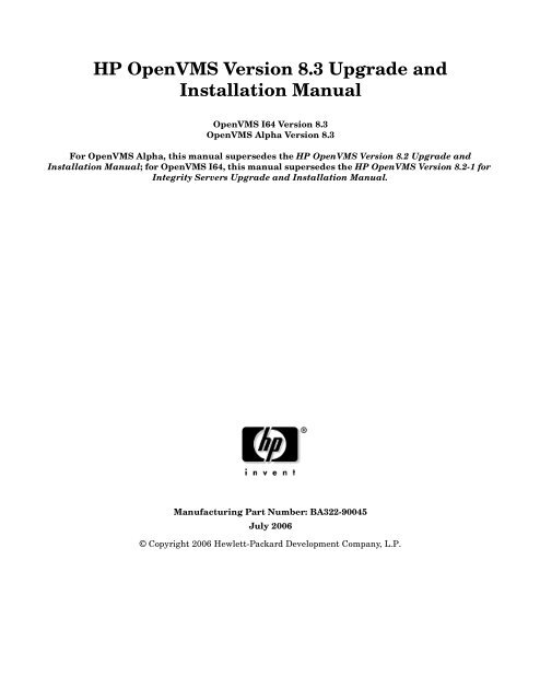 HP OpenVMS Version 8.3 Upgrade and Installation Manual