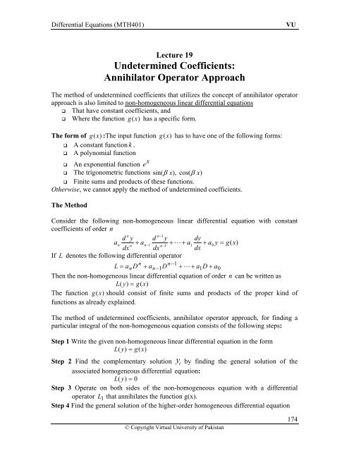 Undetermined Coefficients Annihilator Operator Approach