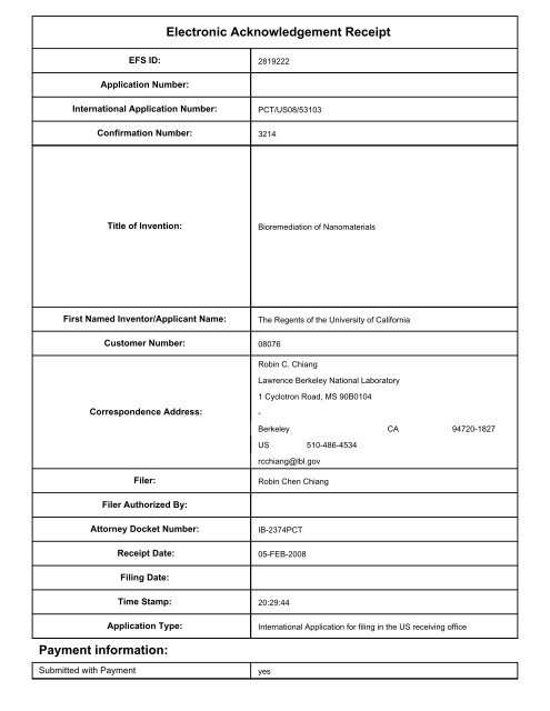 Electronic Acknowledgement Receipt Payment information