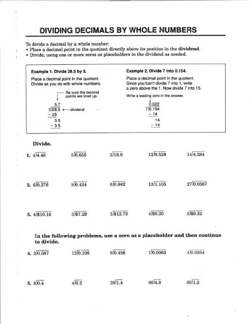 DIVIDING DECIMALS BY WHOLE NUMBERS