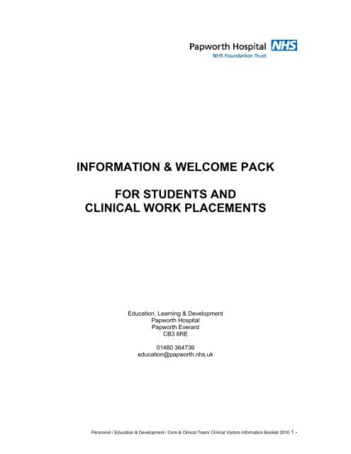 information & welcome pack for students and clinical work placements