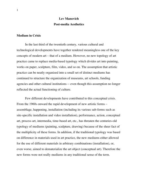 Lev Manovich Post-media Aesthetics Medium in ... - Project ALICE