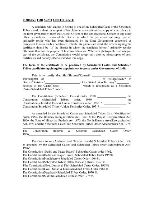 FORMAT FOR SC/ST CERTIFICATE A candidate who claims ... - SSC