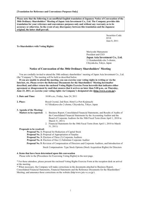 Notice of Convocation of the 30th Ordinary Shareholders’ Meeting