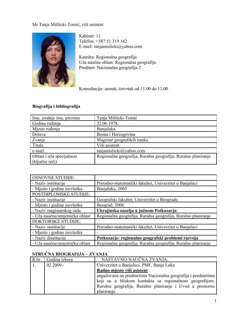 Biografija i bibliografija - Prirodno-matematiÄ ki fakultet Banja Luka