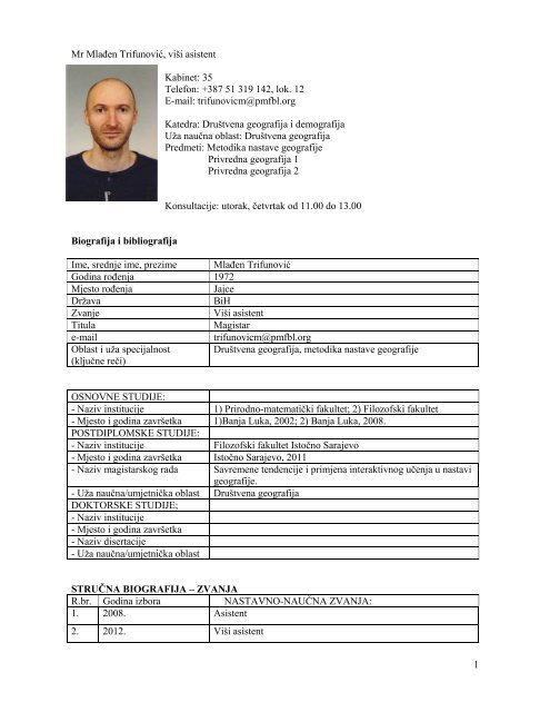 Biografija i bibliografija - Prirodno-matematiÄ ki fakultet Banja Luka