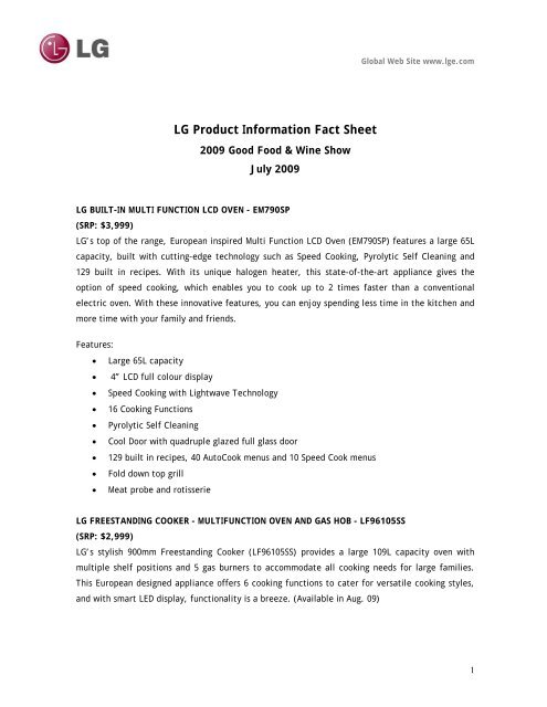 LG Product Information Fact Sheet - LG Electronics