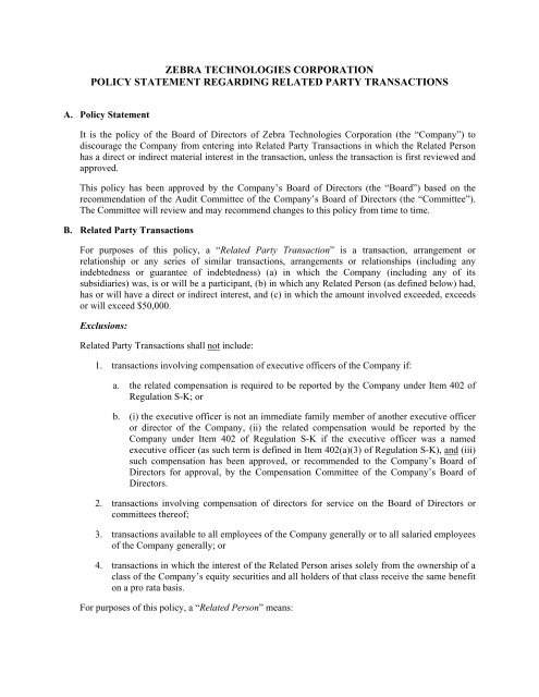 Related Party Transactions Policy - Investor Relations - Zebra