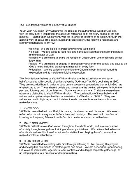 The Foundational Values of Youth With A Mission ... - YWAM Africa