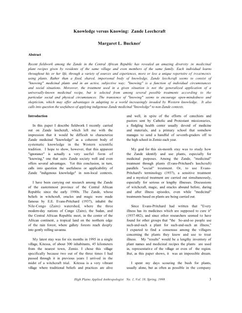 Knowledge versus Knowing Zande Leechcraft Margaret L Buckner