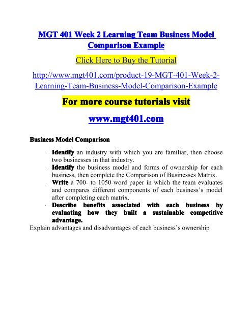 MGT 401 Week 2 Learning Team Business Model Comparison E