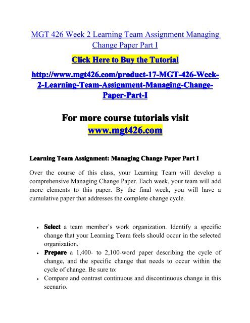 MGT 426 Week 2 Learning Team Assignment Managing Change