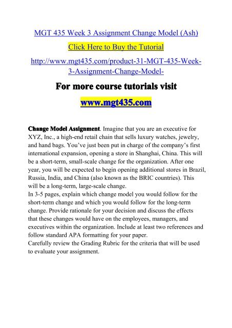 MGT 435 Week 3 Assignment Change Model